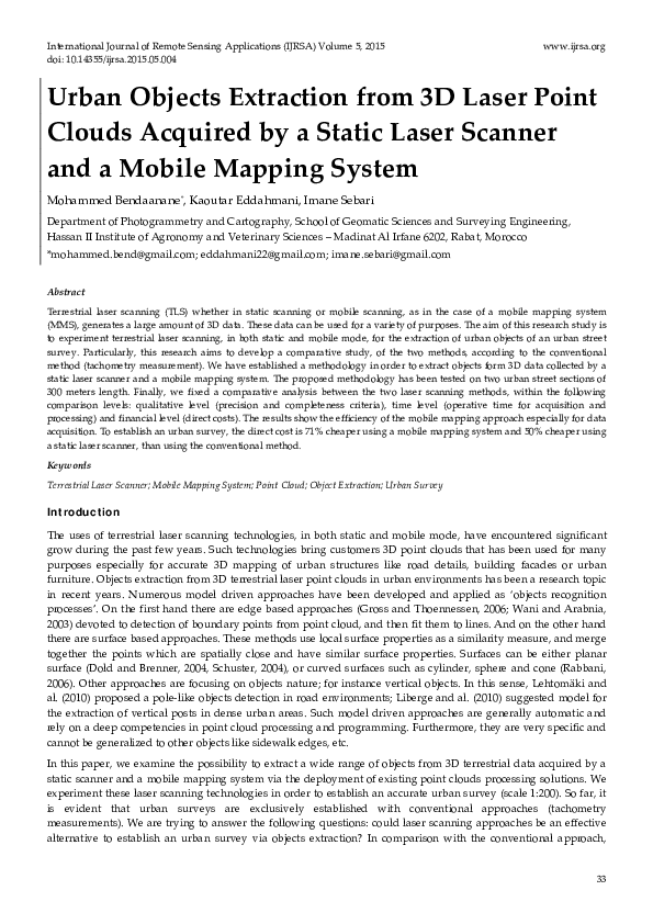 (PDF) Urban Objects Extraction from 3D Laser Point Clouds Acquired by a Static Laser Scanner and ...