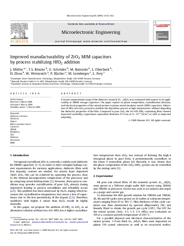 (PDF) Improved manufacturability of ZrO2 MIM capacitors by process stabilizing HfO2 addition