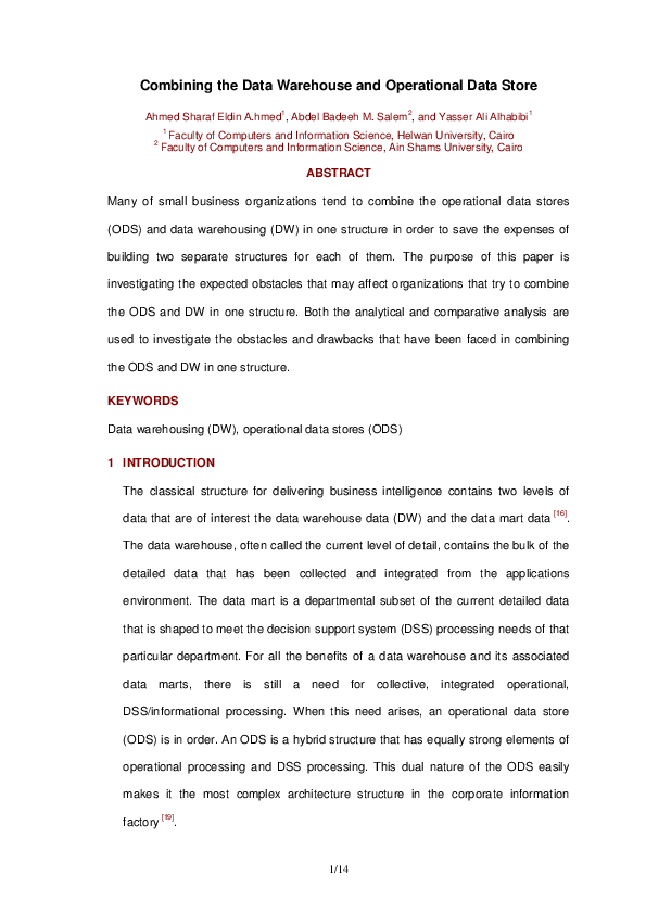 (PDF) Combining the Data Warehouse and Operational Data Store