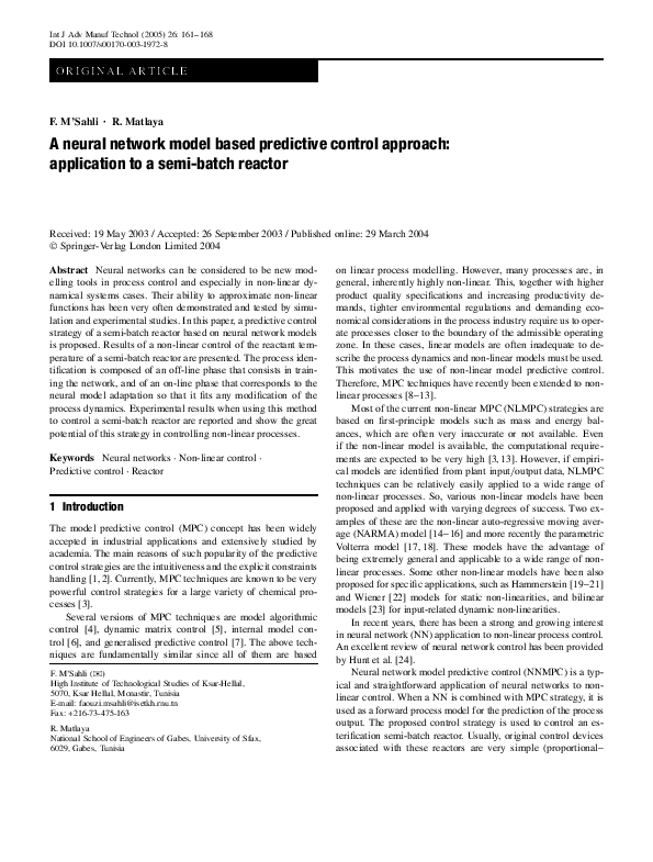 Pdf A Neural Network Model Based Predictive Control Approach Application To A Semi Batch Reactor
