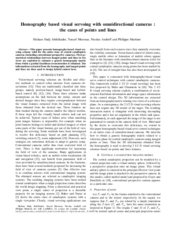 (PDF) Homography based visual servoing with omnidirectional cameras: the cases of points and ...