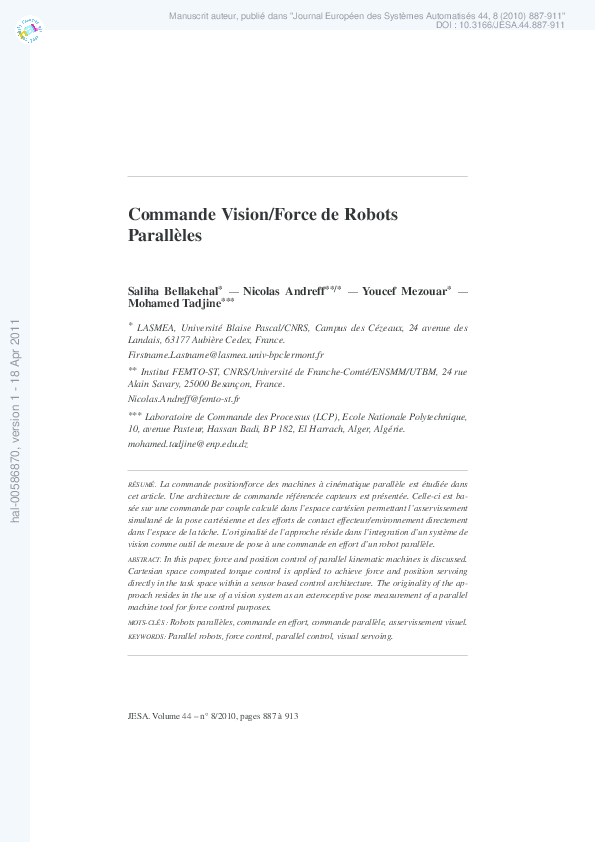 (PDF) Commande vision/force de robots parallèles | Youcef Mezouar - Academia.edu