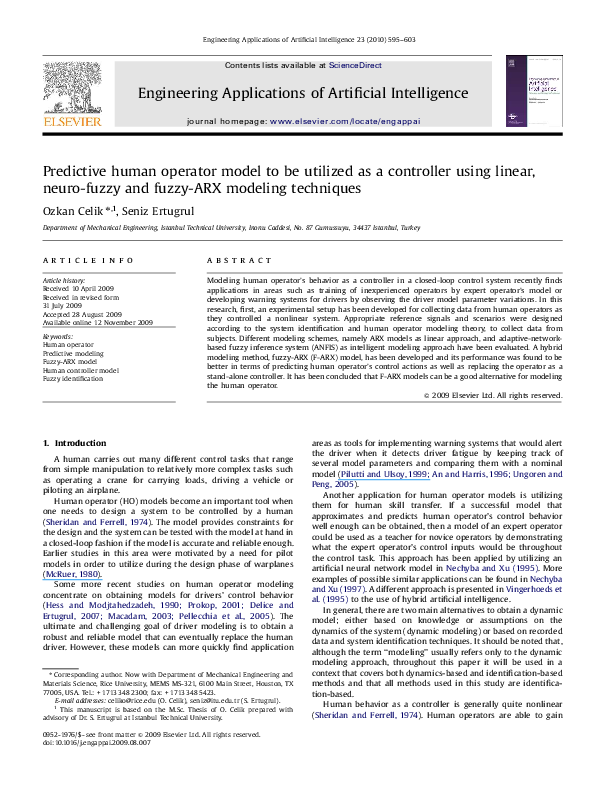 Pdf Predictive Human Operator Model To Be Utilized As A Controller Using Linear Neuro Fuzzy