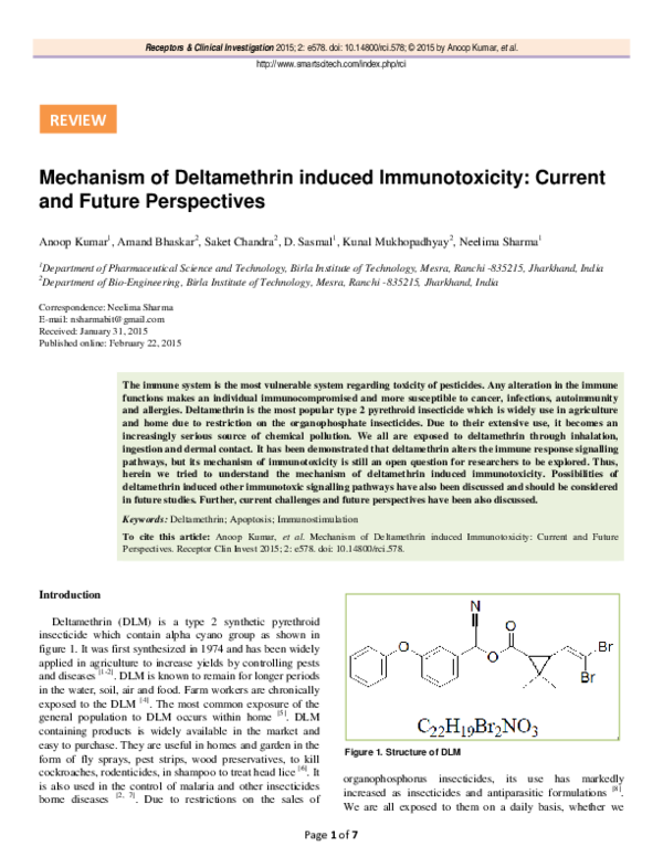 (PDF) Mechanism of Deltamethrin induced Immunotoxicity: Current and ...