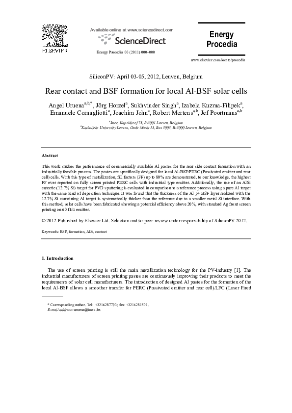 (PDF) Rear Contact and BSF Formation for Local Al-BSF Solar Cells