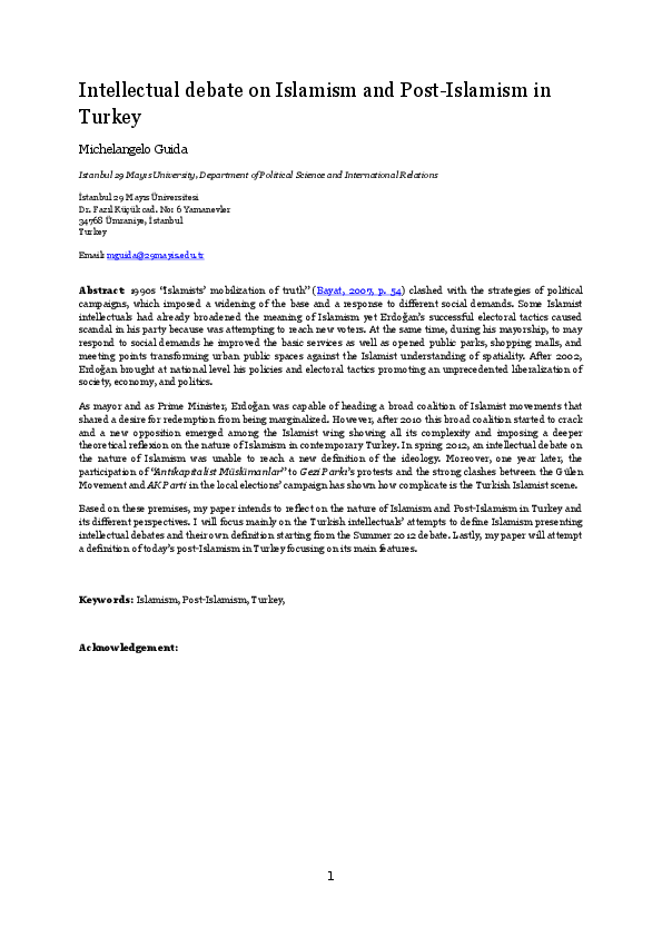 (DOC) Intellectual debate on Islamism and Post-Islamism in Turkey