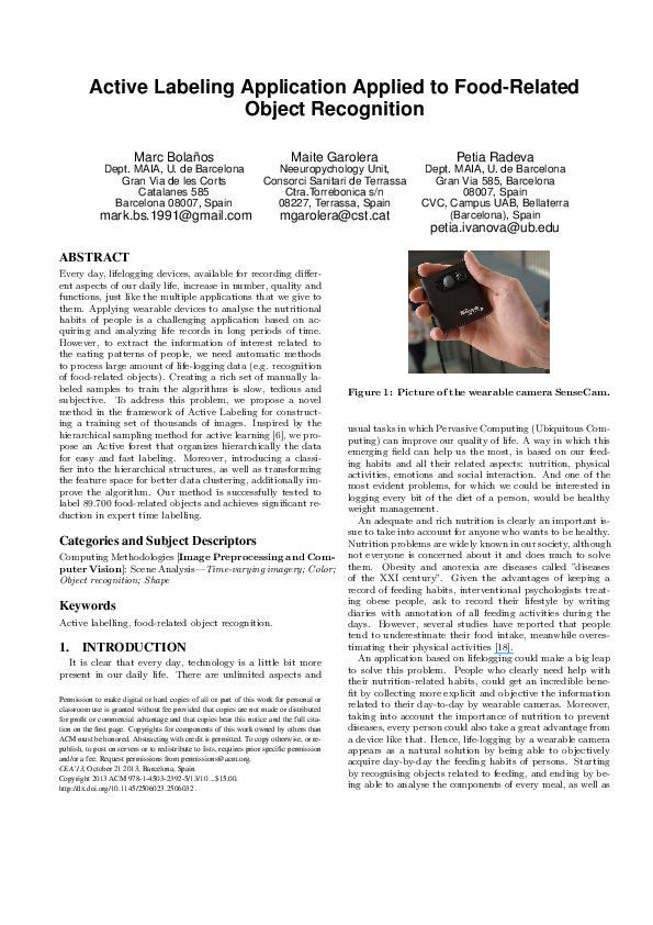 (PDF) Active labeling application applied to food-related object recognition