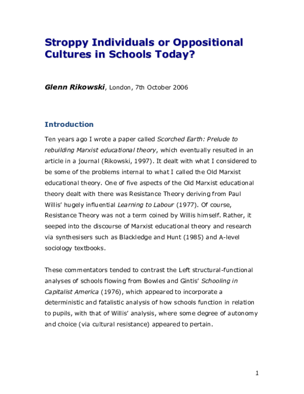 (PDF) Stroppy Individuals or Oppositional Cultures in Schools Today?