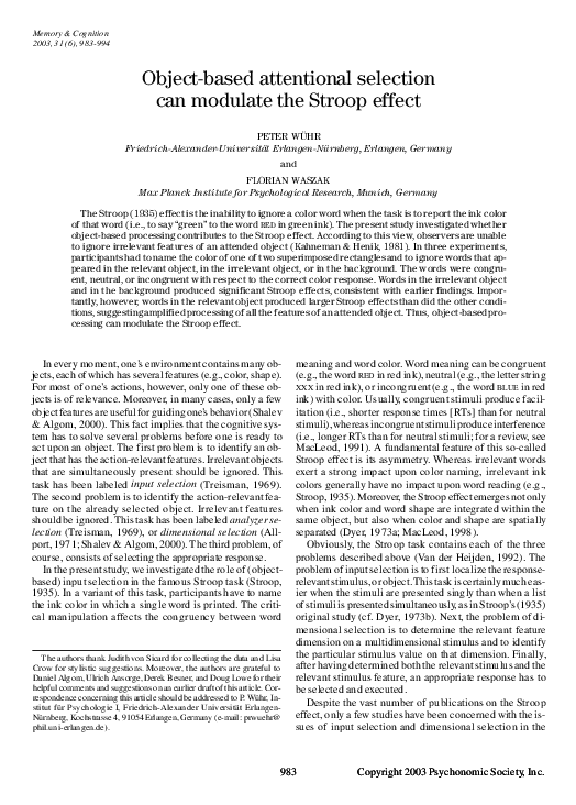 Pdf Object Based Attentional Selection Can Modulate The Stroop Effect 9372