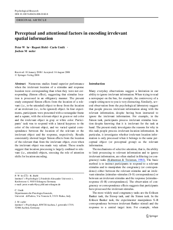 (PDF) Perceptual and attentional factors in encoding irrelevant spatial information | Carlo ...