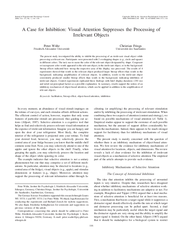 Pdf A Case For Inhibition Visual Attention Suppresses The Processing Of Irrelevant Objects