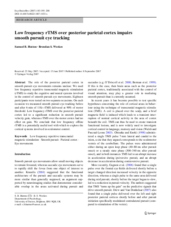 (PDF) Low frequency rTMS over posterior parietal cortex impairs smooth pursuit eye tracking