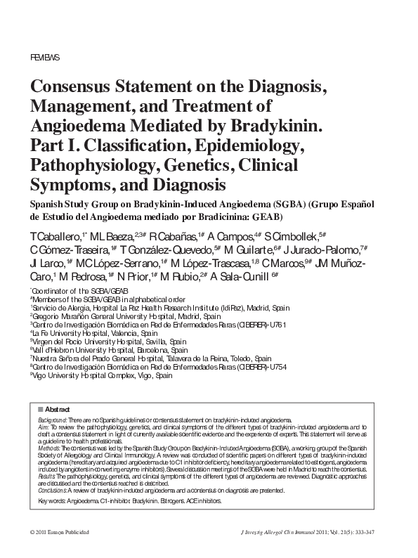 (PDF) Consensus statement on the diagnosis, management, and treatment of angioedema mediated by ...