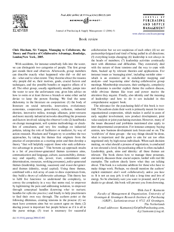 (PDF) Chris Huxham and Siv Vangen, Managing to Collaborate, the Theory ...