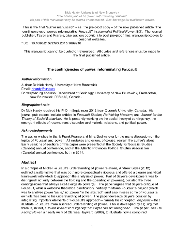 (PDF) The contingencies of power: reformulating Foucault