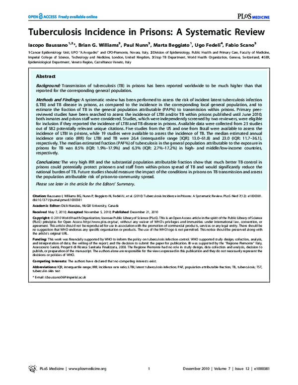 (PDF) Tuberculosis Incidence in Prisons: A Systematic Review