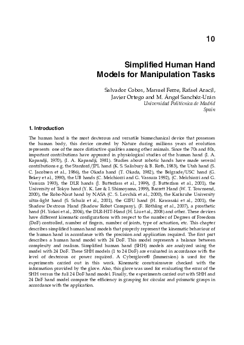 (PDF) Simplified Human Hand Models for Manipulation Tasks