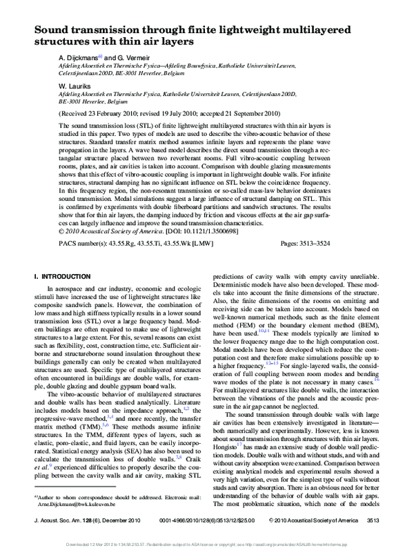 Pdf Sound Transmission Through Finite Lightweight Multilayered Structures With Thin Air Layers