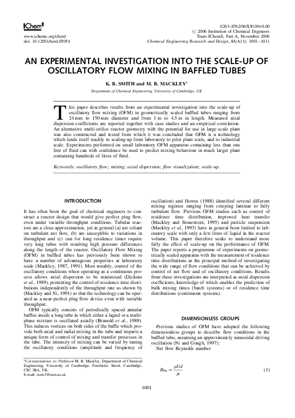 (PDF) An Experimental Investigation into the Scale-up of Oscillatory Flow Mixing in Baffled Tubes