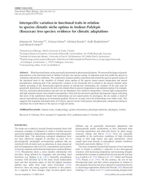 Pdf Interspecific Variation In Functional Traits In Relation To Species Climatic Niche Optima