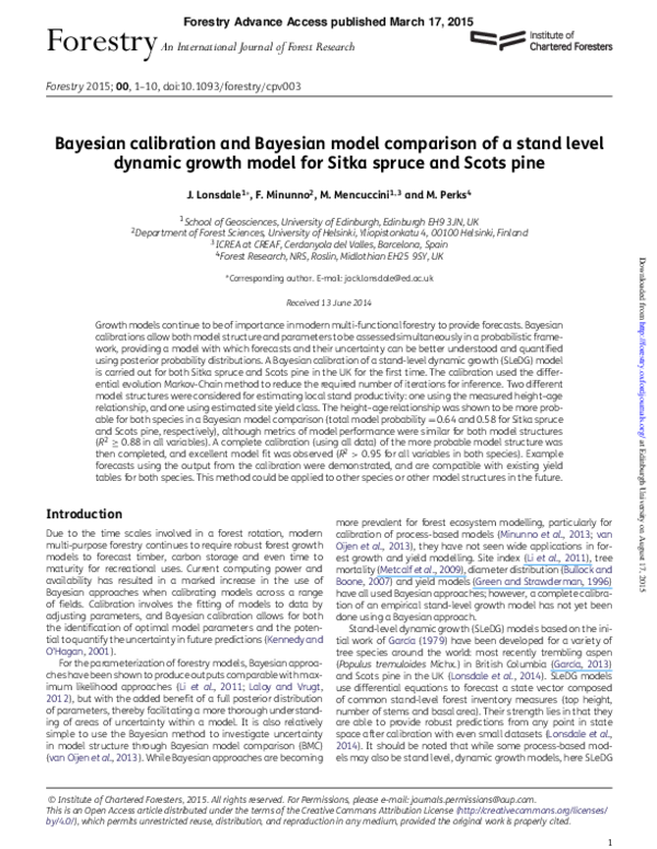Pdf Bayesian Calibration And Bayesian Model Comparison Of A Stand Level Dynamic Growth Model