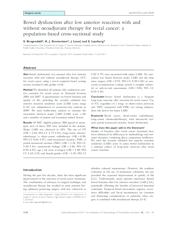 (PDF) Bowel dysfunction after low anterior resection with and without ...