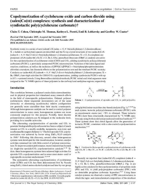 (PDF) Copolymerization of cyclohexene oxide and carbon dioxide using ...