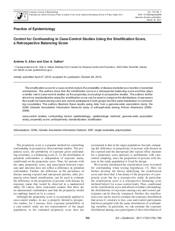 (PDF) Control for Confounding in Case-Control Studies Using the Stratification Score, a ...