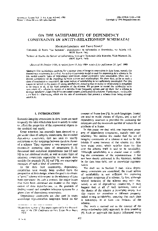(PDF) On the satisfiability of dependency constraints in entity-relationship schemata | Paolo ...