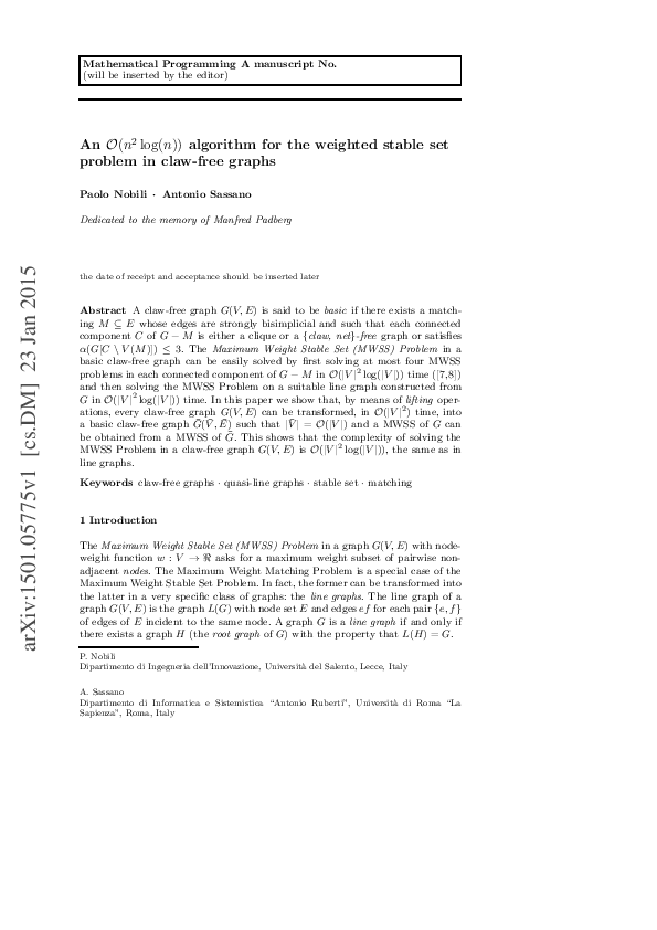 (PDF) An ${\ cal O}(n^ 2\ log (n)) $ algorithm for the weighted stable set problem in claw-free ...
