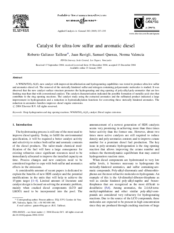 (PDF) Catalyst for ultra-low sulfur and aromatic diesel