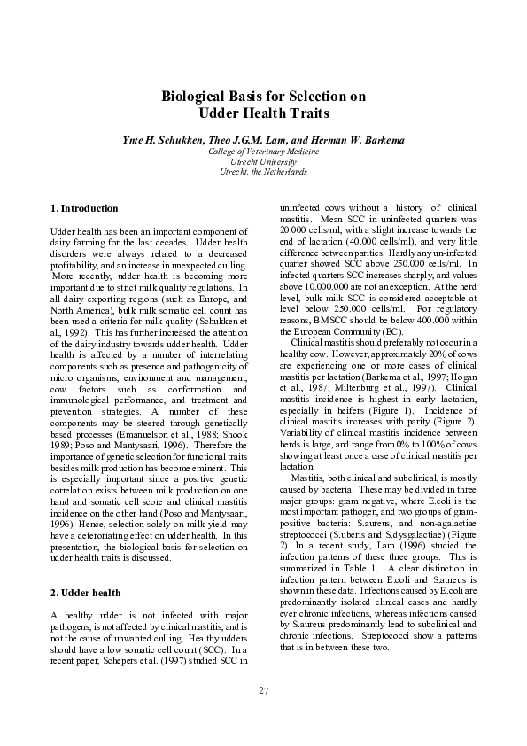 (PDF) Biological basis for selection on udder health traits