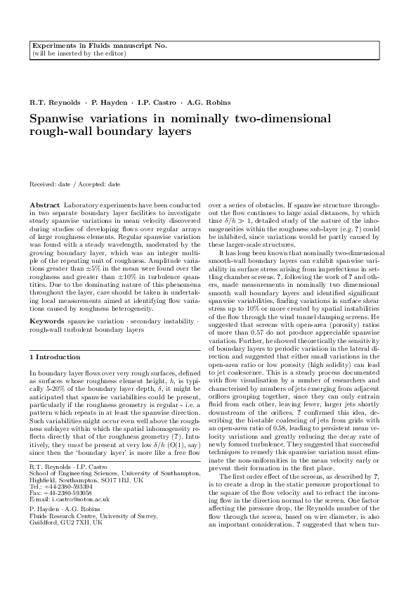 (PDF) Spanwise variations in nominally two-dimensional rough-wall boundary layers
