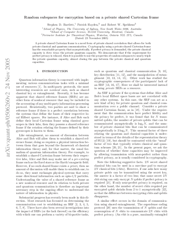 Pdf Random Subspaces For Encryption Based On A Private Shared Cartesian Frame 5154