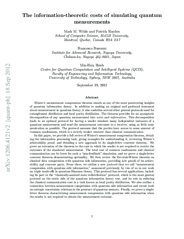 (PDF) The information-theoretic costs of simulating quantum measurements