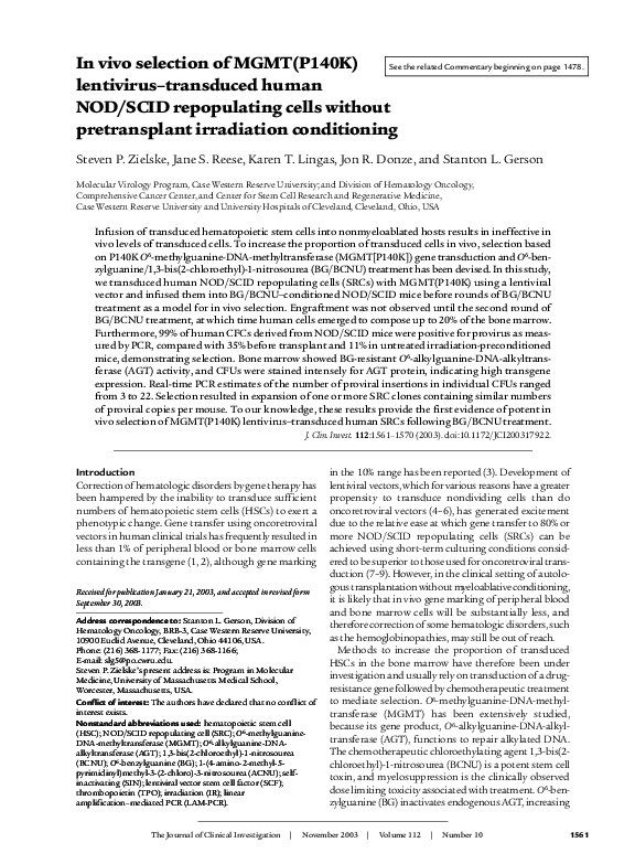 (PDF) In vivo selection of MGMT(P140K) lentivirus–transduced human NOD ...