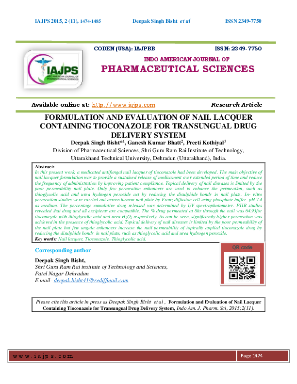 (PDF) FORMULATION AND EVALUATION OF NAIL LACQUER CONTAINING TIOCONAZOLE ...