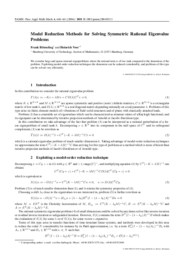 Pdf Model Reduction Methods For Solving Symmetric Rational Eigenvalue