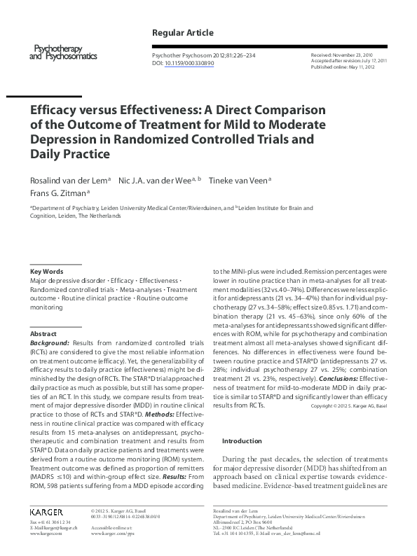 (PDF) Efficacy versus Effectiveness: A Direct Comparison of the Outcome of Treatment for Mild to ...