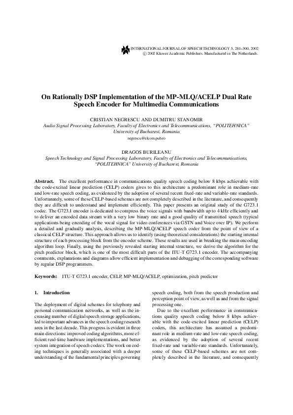 (PDF) On Rationally DSP Implementation of the MP-MLQ/ACELP Dual Rate Speech Encoder for ...