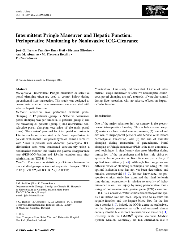 (PDF) Intermittent Pringle Maneuver and Hepatic Function: Perioperative ...