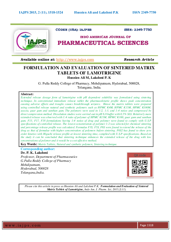 Pdf Formulation And Evaluation Of Sintered Matrix Tablets Of Lamotrigine Husnien Ali M