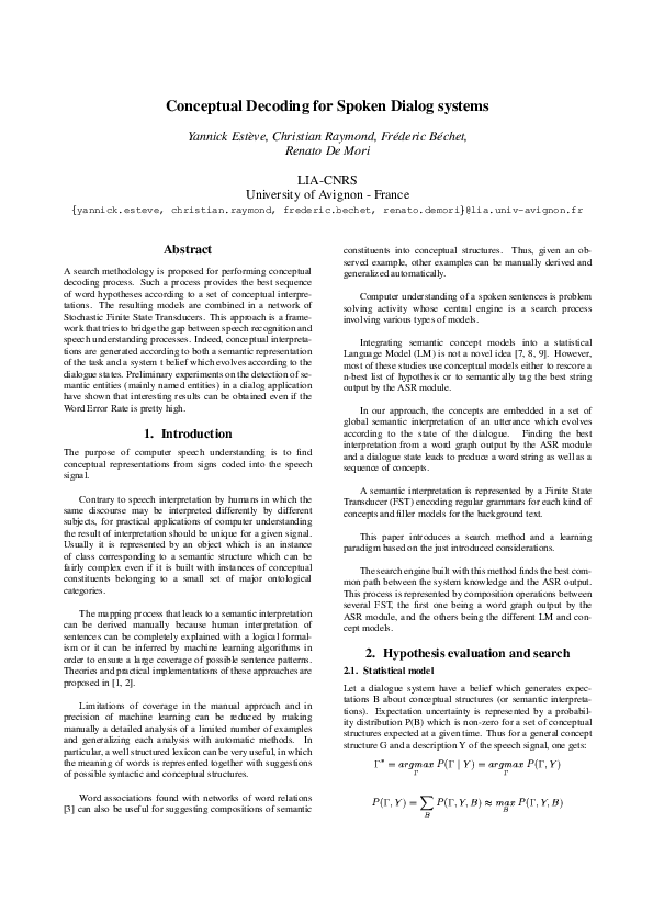 (PDF) Conceptual decoding for spoken dialog systems
