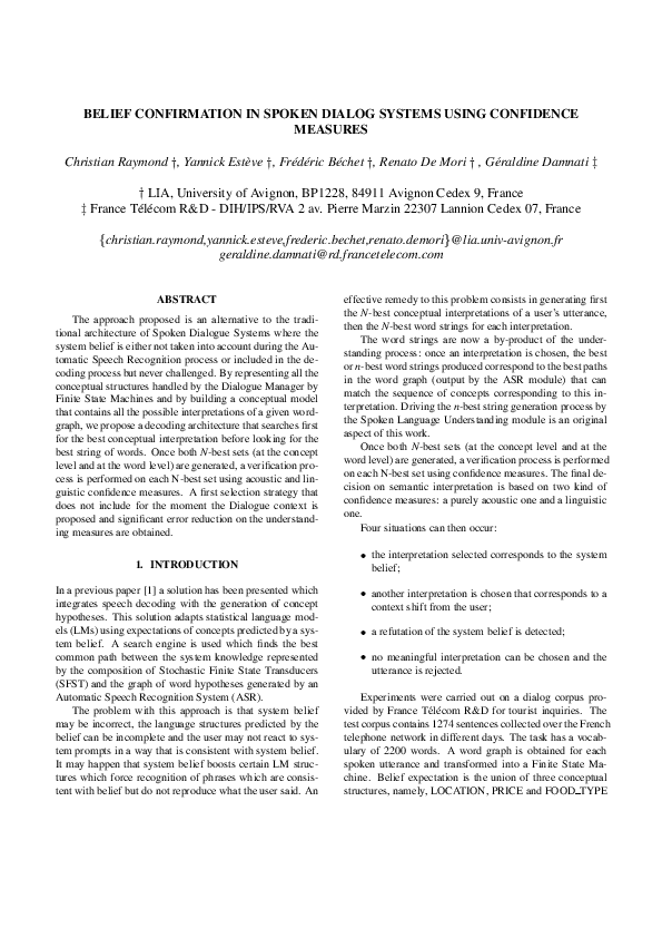 Pdf Belief Confirmation In Spoken Dialog Systems Using Confidence Measures
