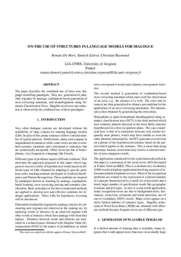 (PDF) On the Use of Structures In Language Models for Dialogue-Specific Solutions For Specific ...