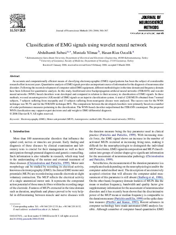 (PDF) Classification of EMG signals using wavelet neural network