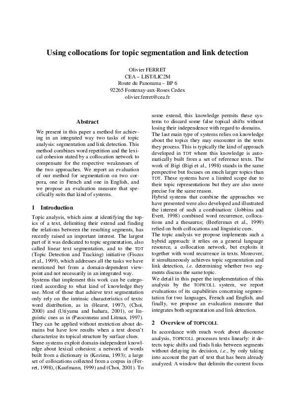 (PDF) Using collocations for topic segmentation and link detection