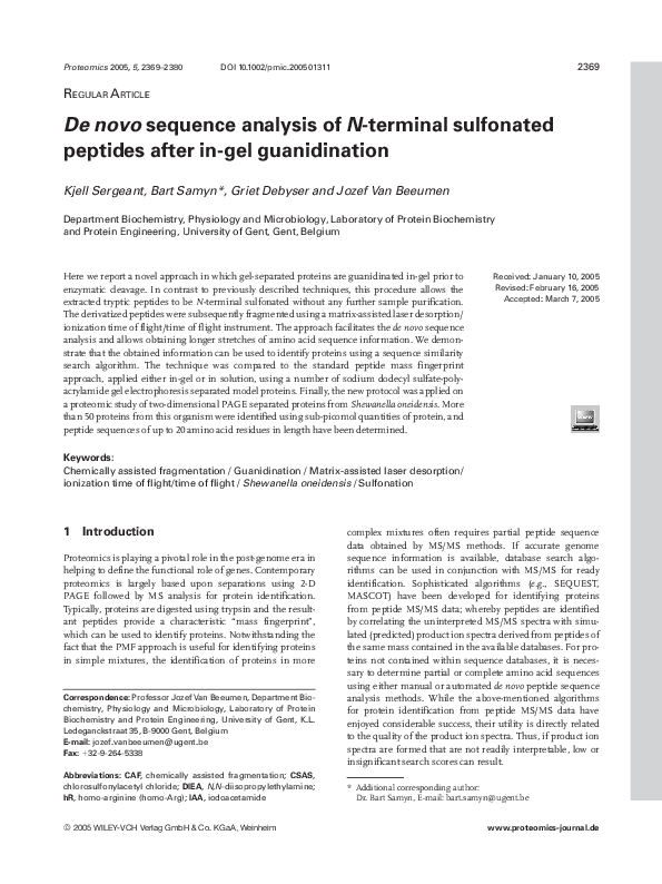 (PDF) De novo sequence analysis ofN-terminal sulfonated peptides after in-gel guanidination ...