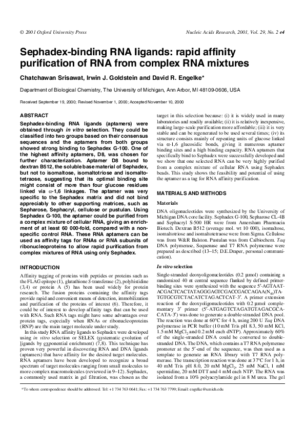 (PDF) Sephadex-binding RNA ligands: rapid affinity purification of RNA ...