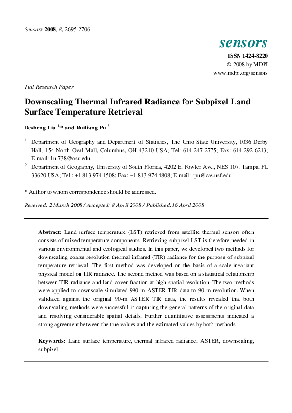 (PDF) Downscaling Thermal Infrared Radiance for Subpixel Land Surface Temperature Retrieval